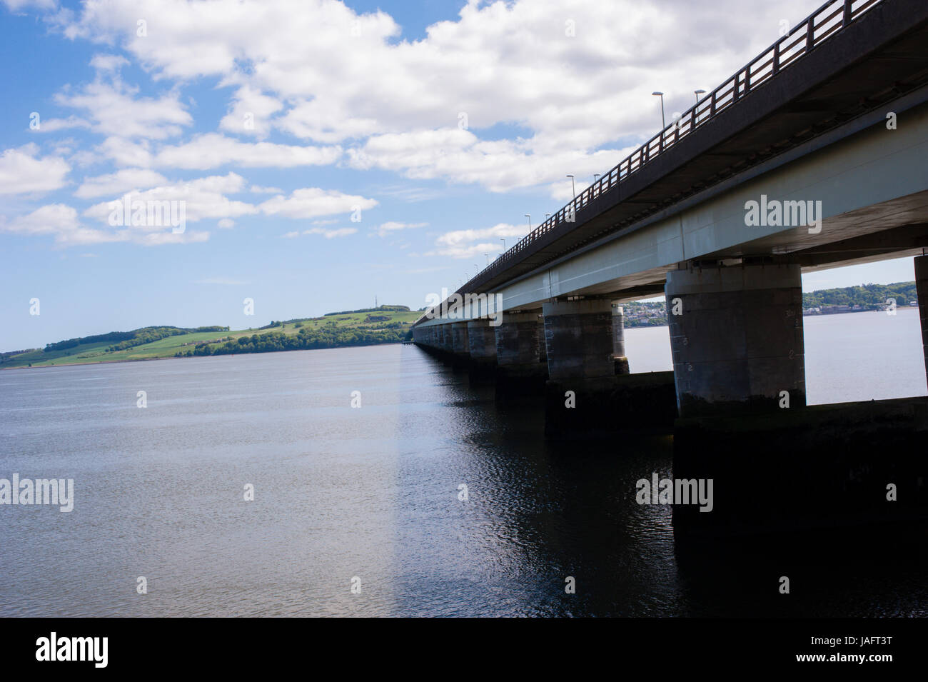 The Tay Road Bridge as seen from the north bank of the estuary of the ...