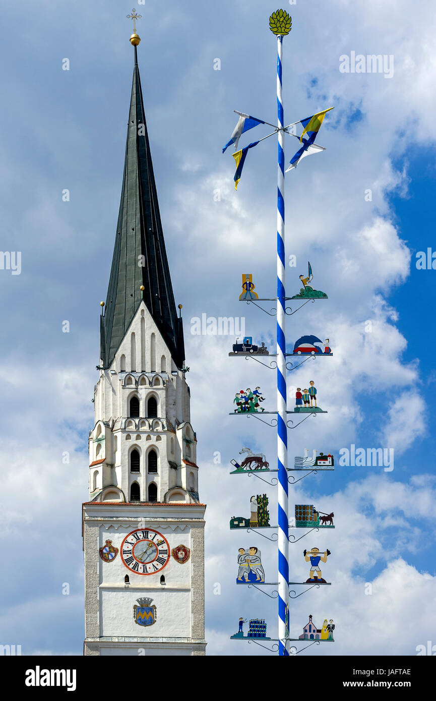 Bell tower of the parish church of St. Johannes Baptist, maypole ...