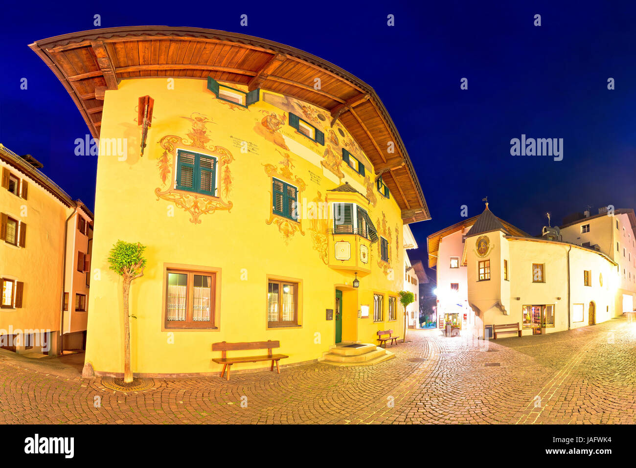 Town of Kastelruth (Castelrotto) street evening panoramic view ...