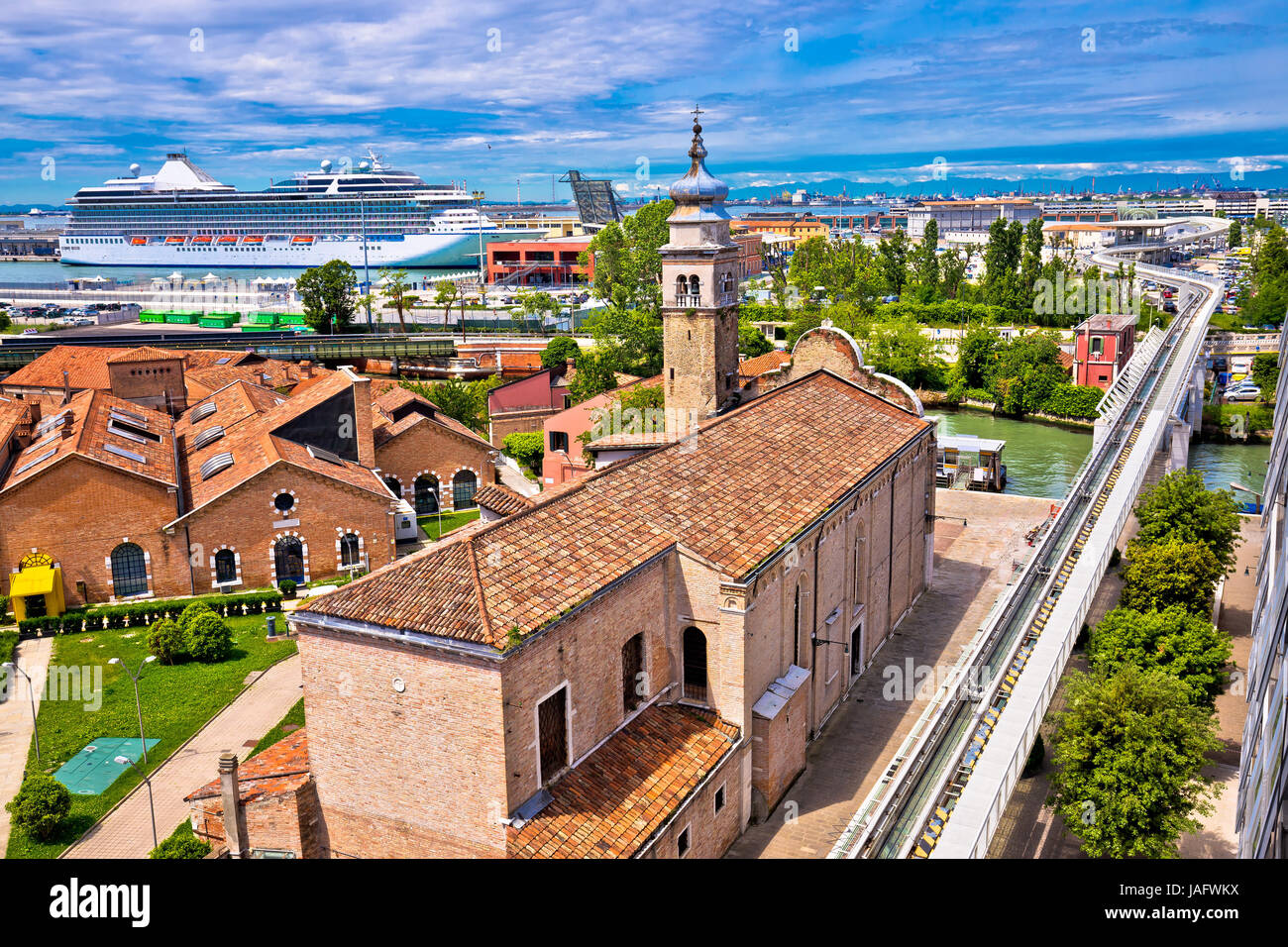 Venice church and harbor aerial view, famous tourist destination in ...