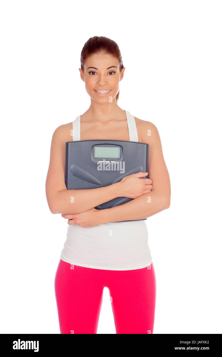 Slim woman with a scale in his arms isolated on a white background ...
