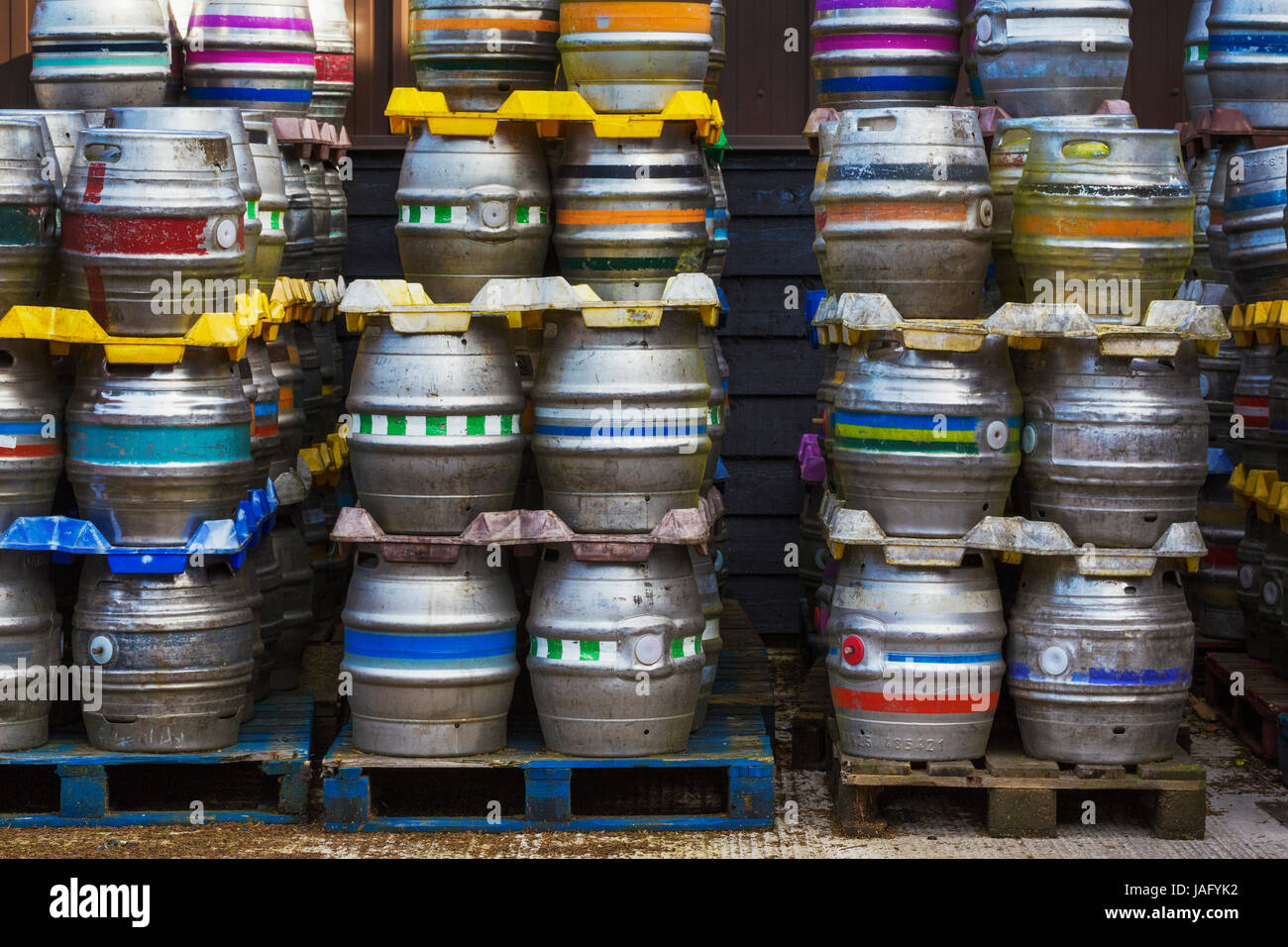 Stacks of metal beer kegs in a brewery Stock Photo - Alamy