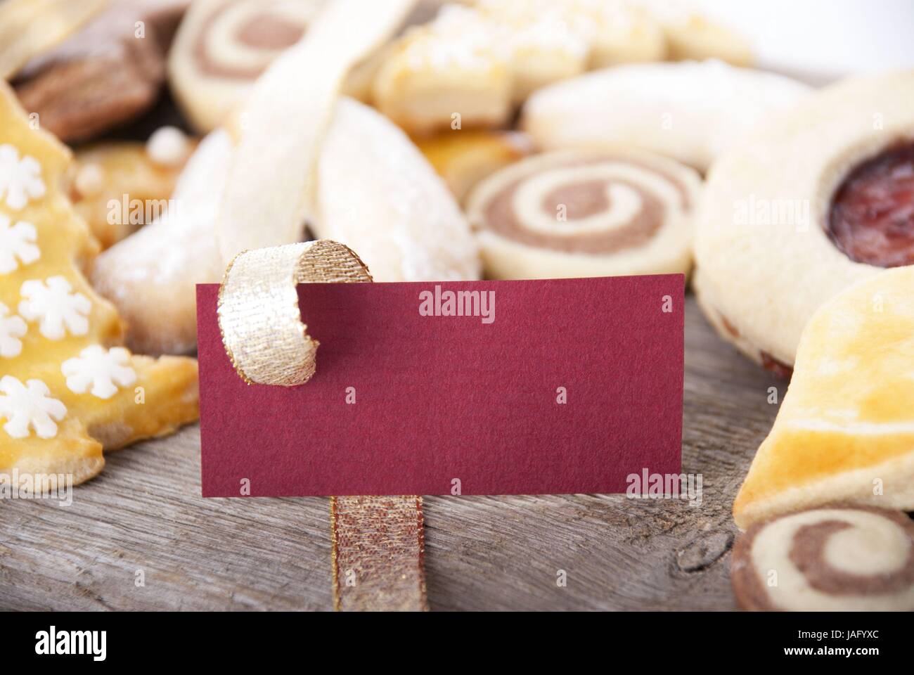 a red label with cookies as christmas background Stock Photo - Alamy