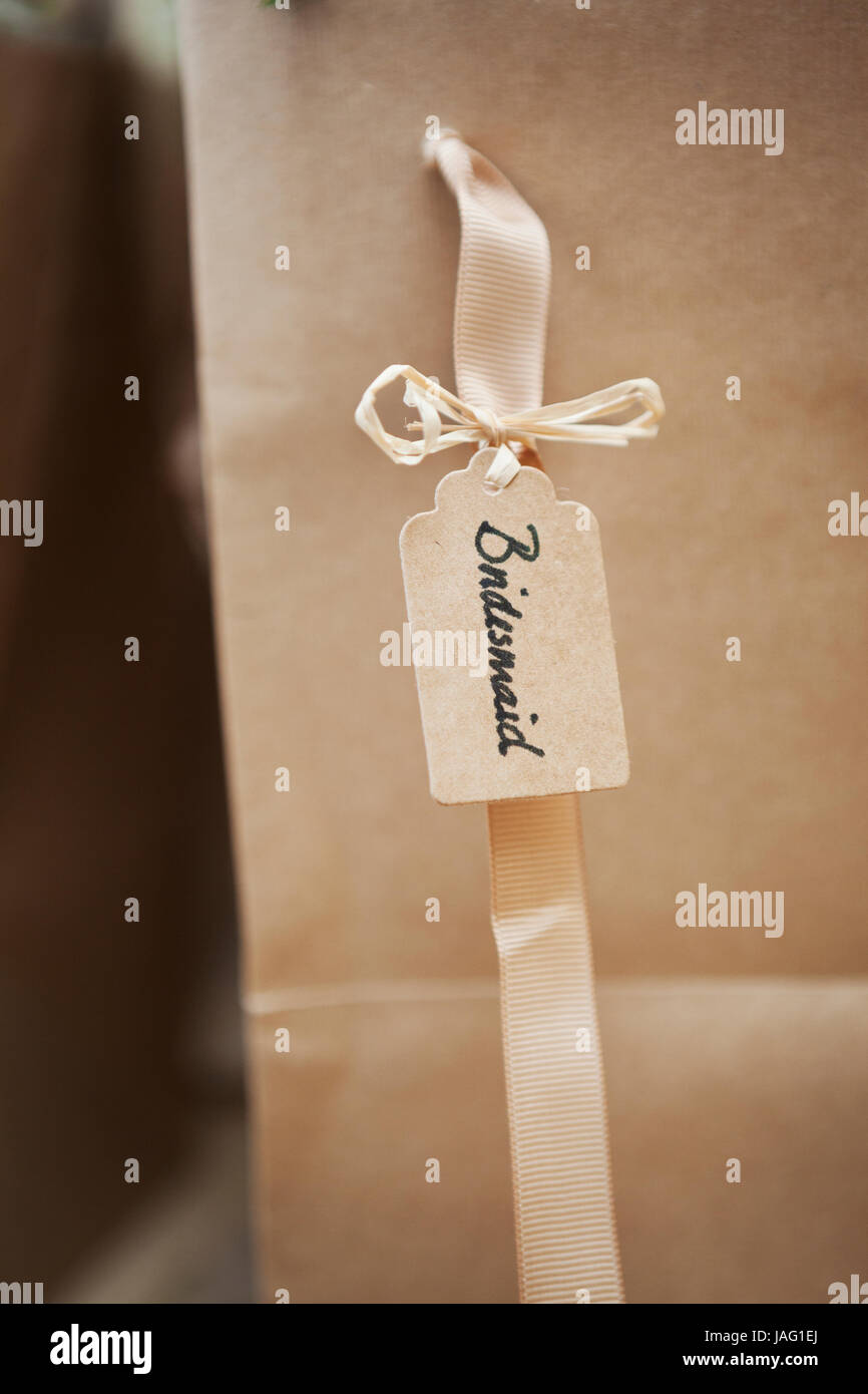 Close up of handwritten name tag on a wedding banquet chair for the ...
