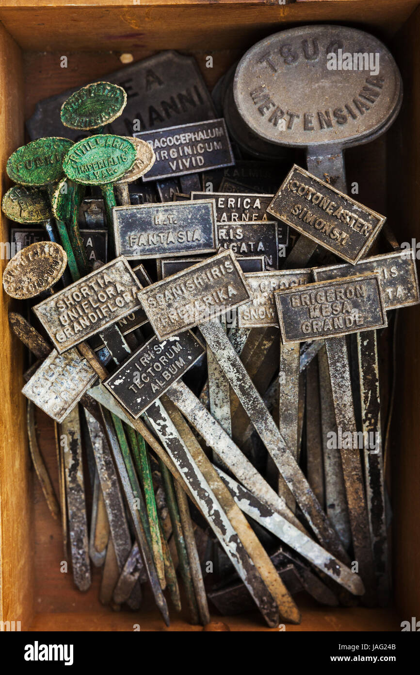 Overhead view of stamped traditional metal plant labels in a box Stock ...
