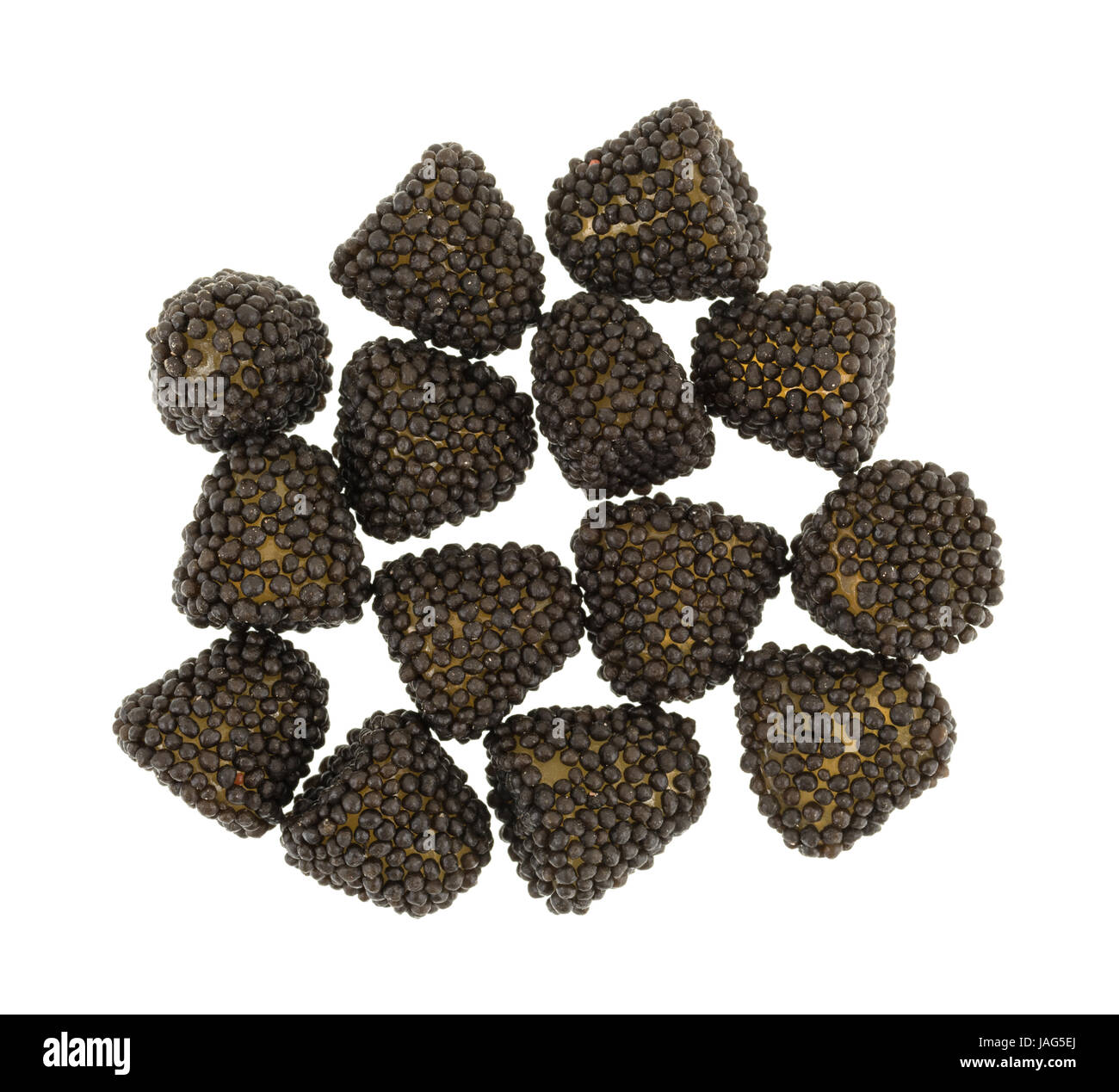 Top view of several blackberry shaped candies isolated on a white ...