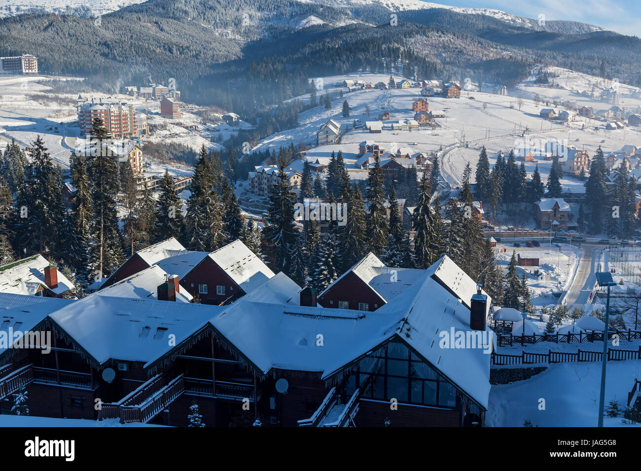 Winter landscape in mountains skiing resort of Bukovel Stock Photo - Alamy