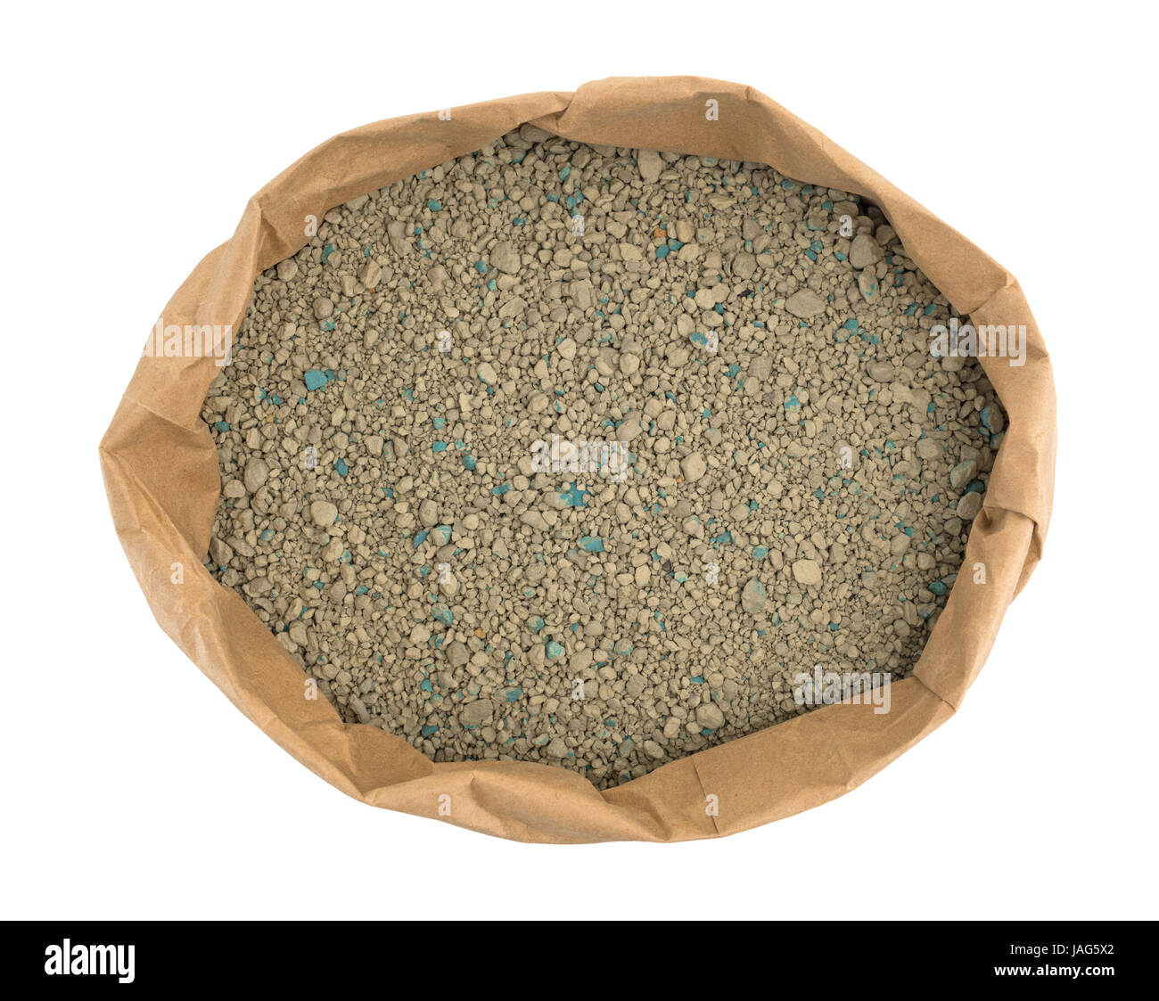 Top view of an opened bag of ground clay cat litter isolated on a white ...