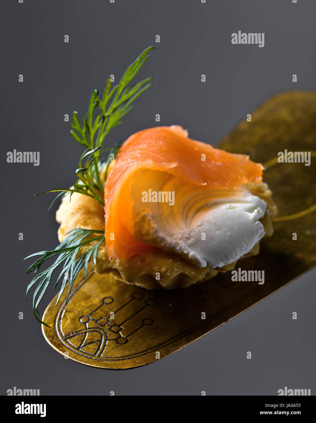 Canapes with smoked salmon or trout , cream cheese and dill . Tasty ...