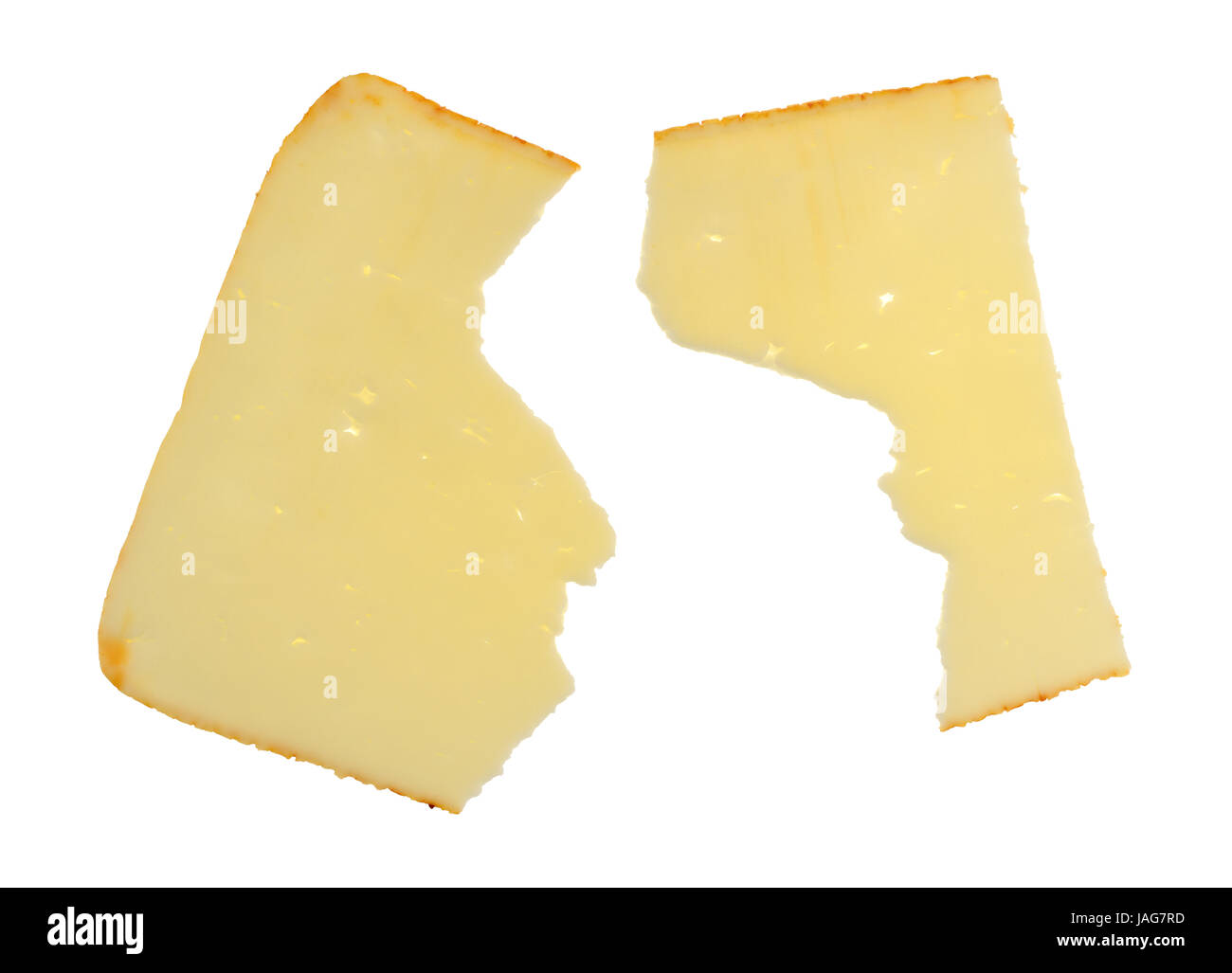 A slice of muenster cheese that has been broken in half isolated on a ...