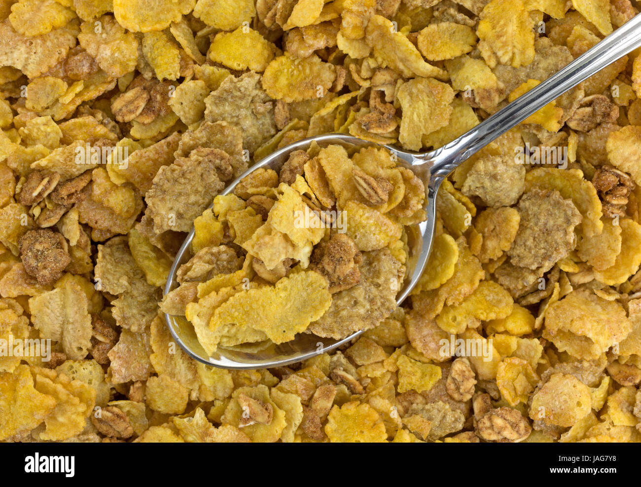 Close view of dry multigrain breakfast cereal with a spoon in the food ...