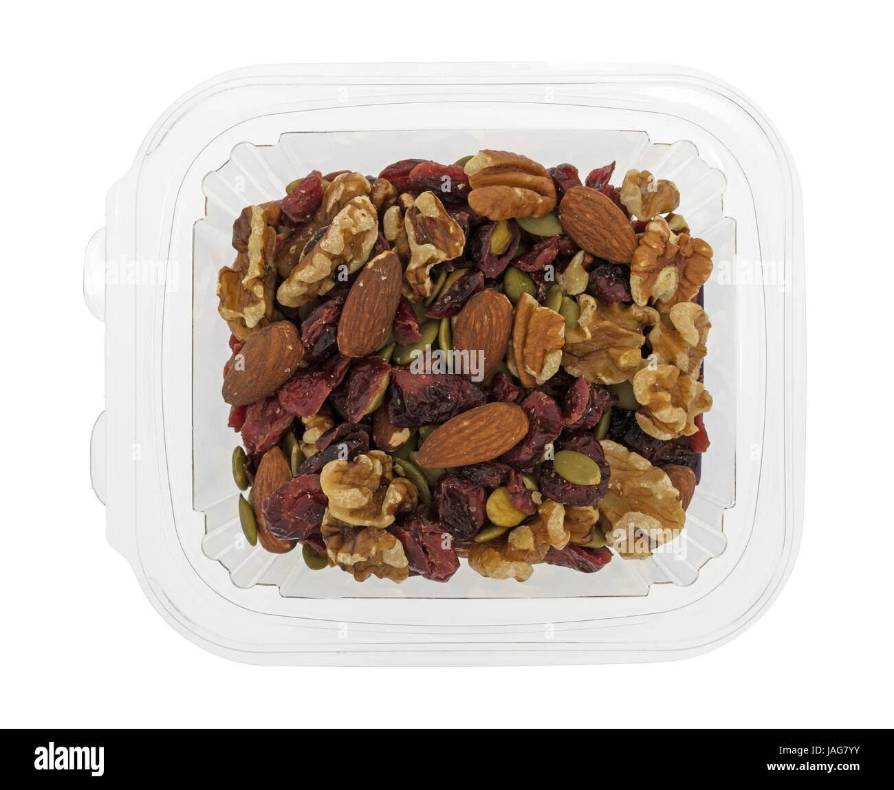 Top view of omega 3 trail mix nuts and fruit in a plastic container ...