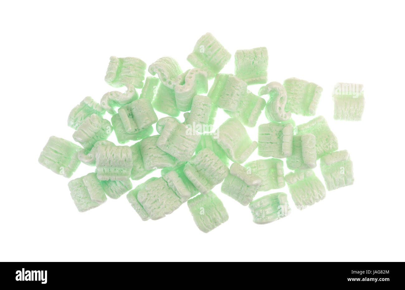 Top view of a group of green polystyrene packing peanuts isolated on a ...