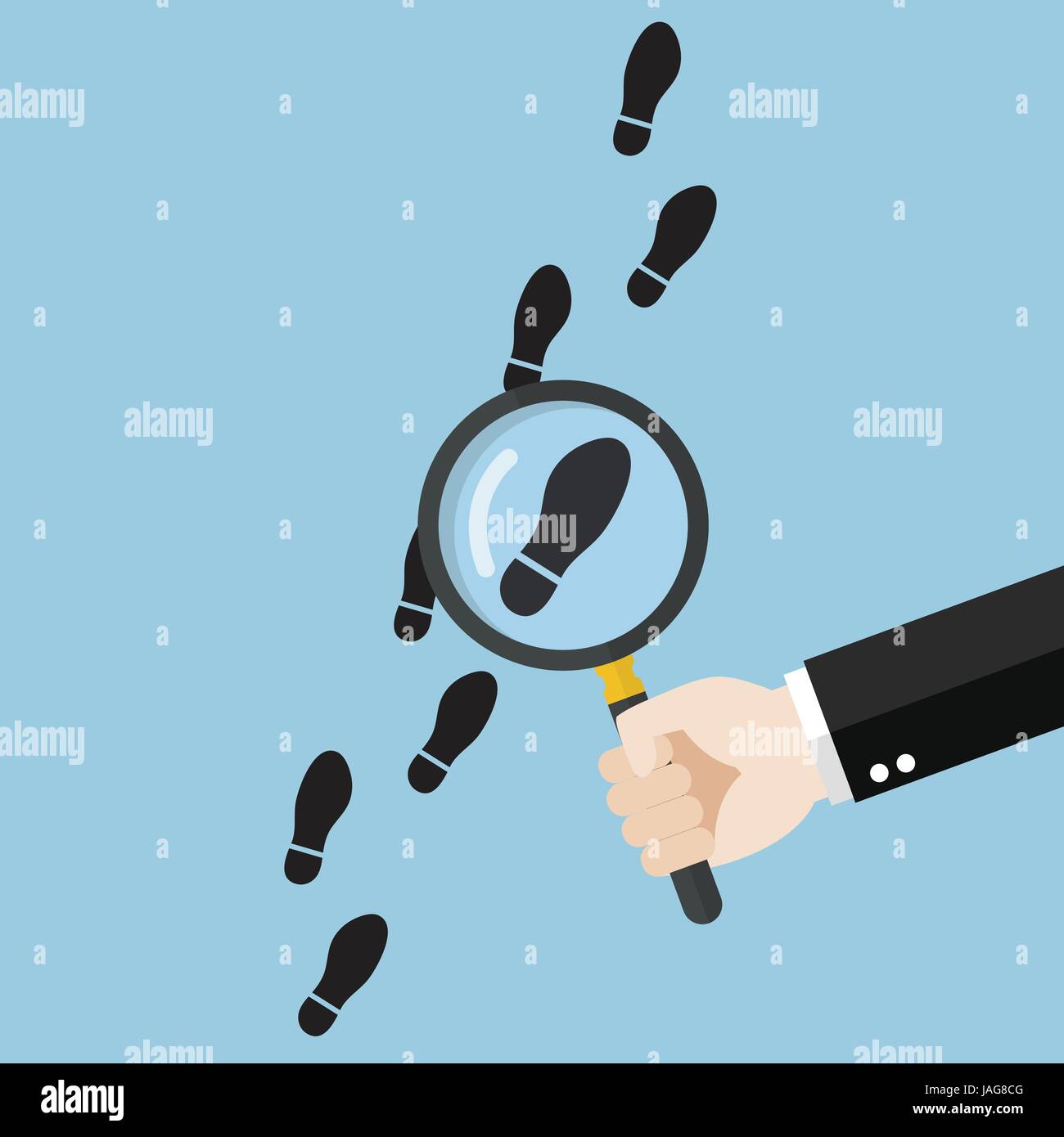 Hand holding magnifying glass over footsteps. Vector illustration Stock ...