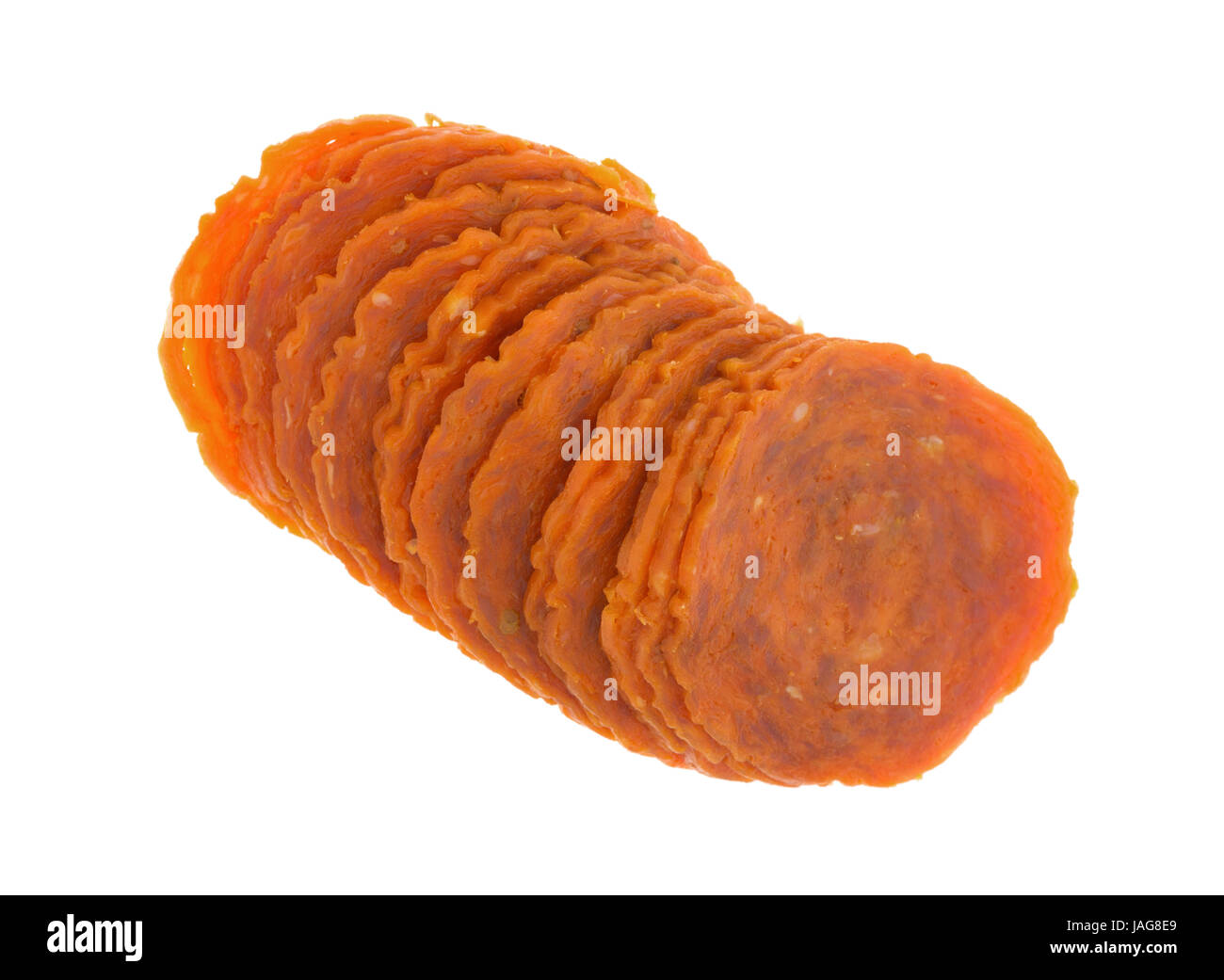 Top view of a small row of pepperoni slices isolated on a white ...