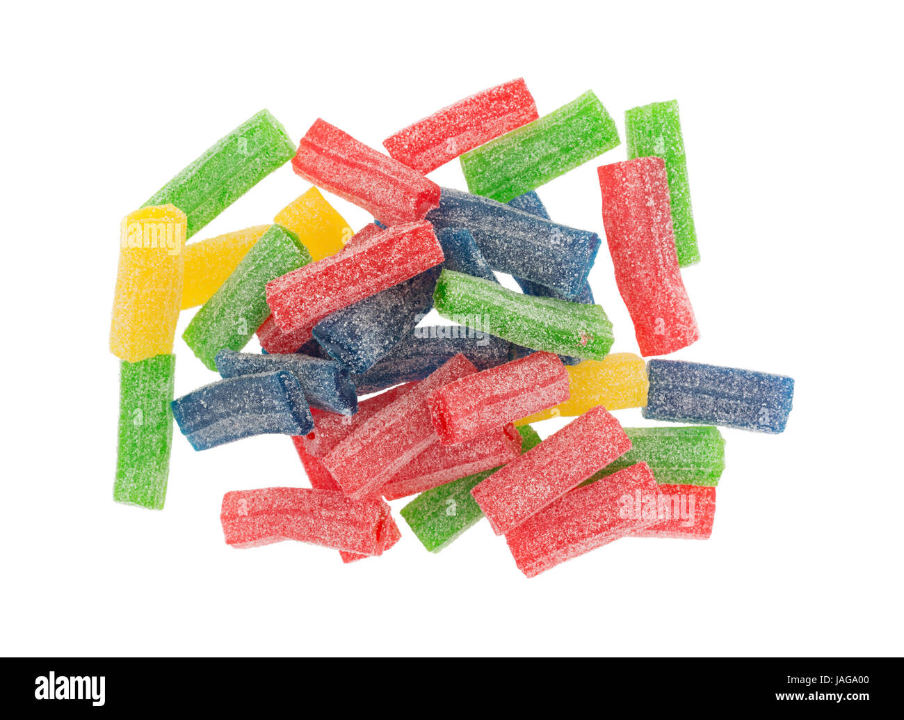 Top view of a pile of sugar coated sweet and sour gummy candy isolated ...
