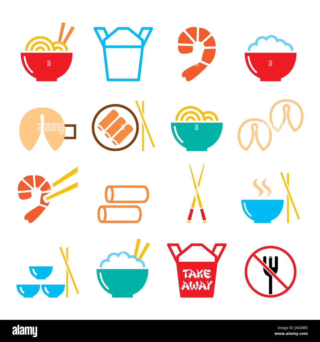 Chinese take away food icons - pasta, rice, spring rolls, fortune ...