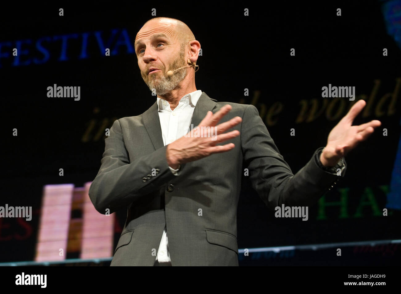 Evan Davis BBC journalist speaking on stage at Hay Festival 2017 Hay-on ...