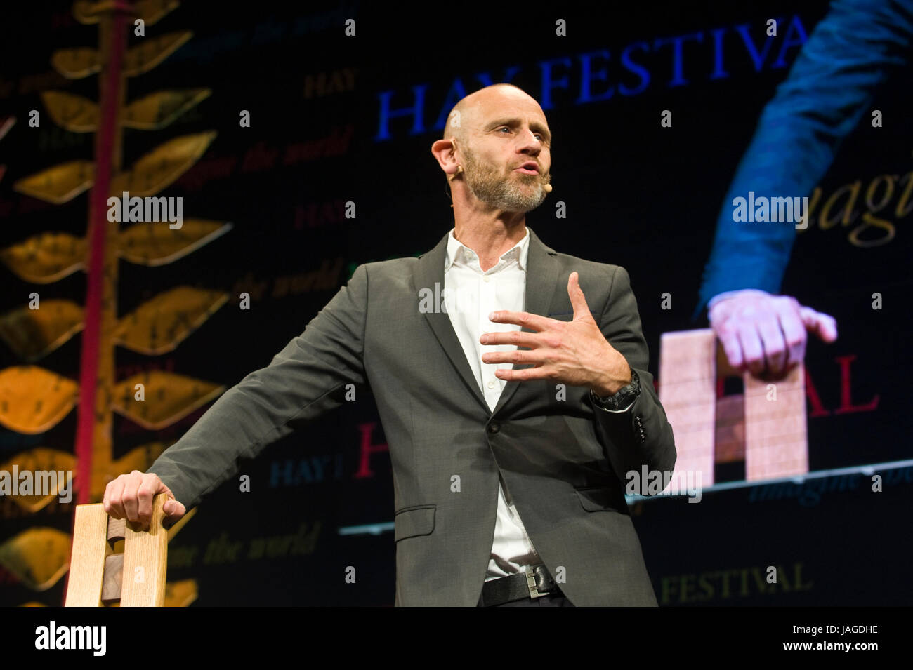 Evan Davis BBC journalist speaking on stage at Hay Festival 2017 Hay-on ...
