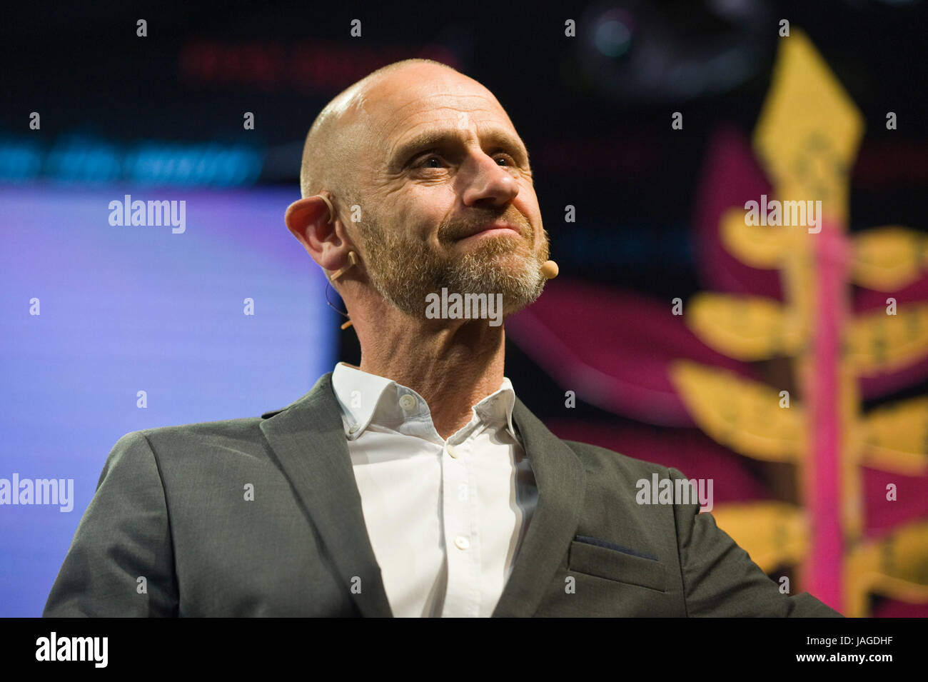 Evan Davis BBC journalist speaking on stage at Hay Festival 2017 Hay-on ...