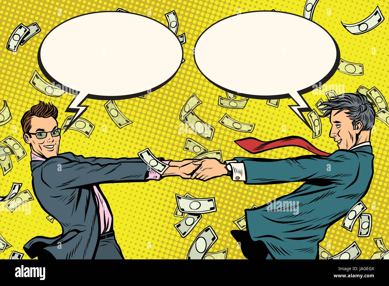 Two businessmen happily dancing in a whirlwind of money. comic bubble ...