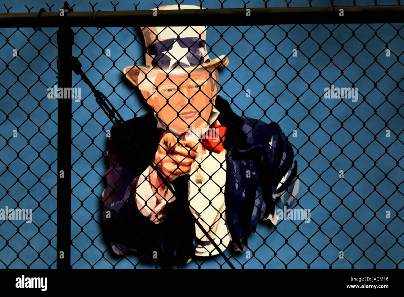Donald Trump as Uncle Sam seen through a fence Stock Photo - Alamy