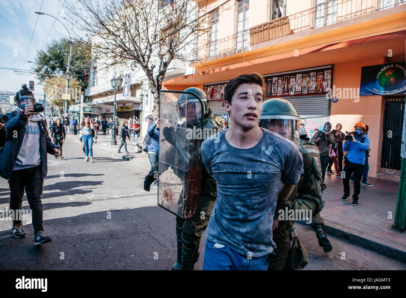 Valparaiso, Chile - June 01, 2017: Protester arrested by the chilean ...