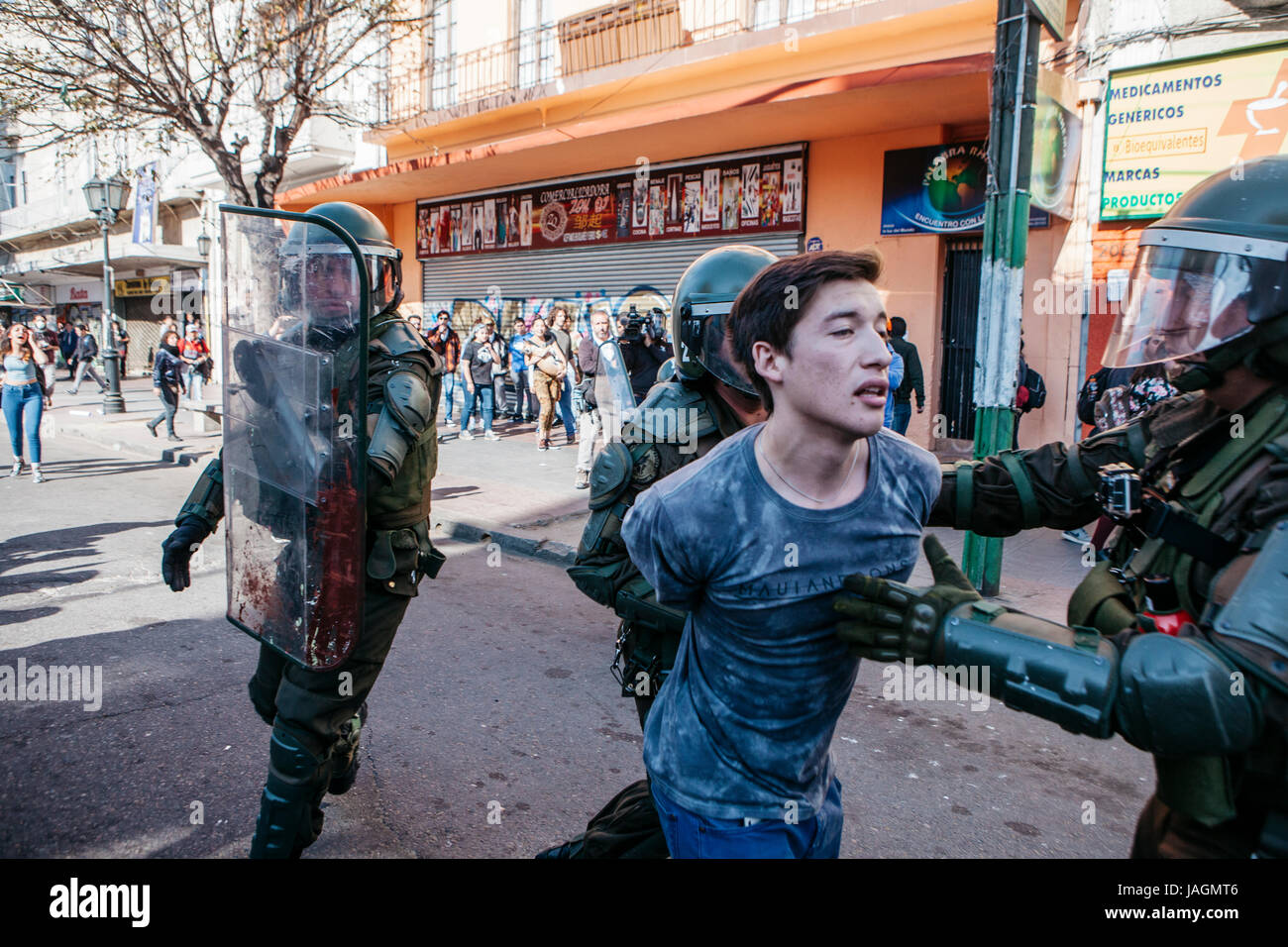 Valparaiso, Chile - June 01, 2017: Protester arrested by the chilean ...