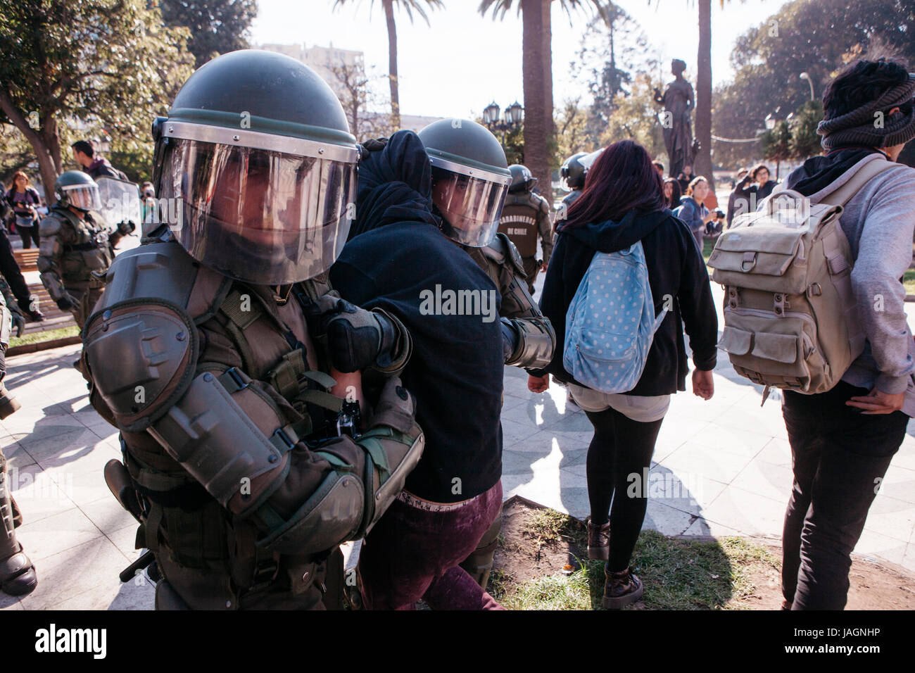 Valparaiso, Chile - June 01, 2017: Protester arrested by the chilean ...