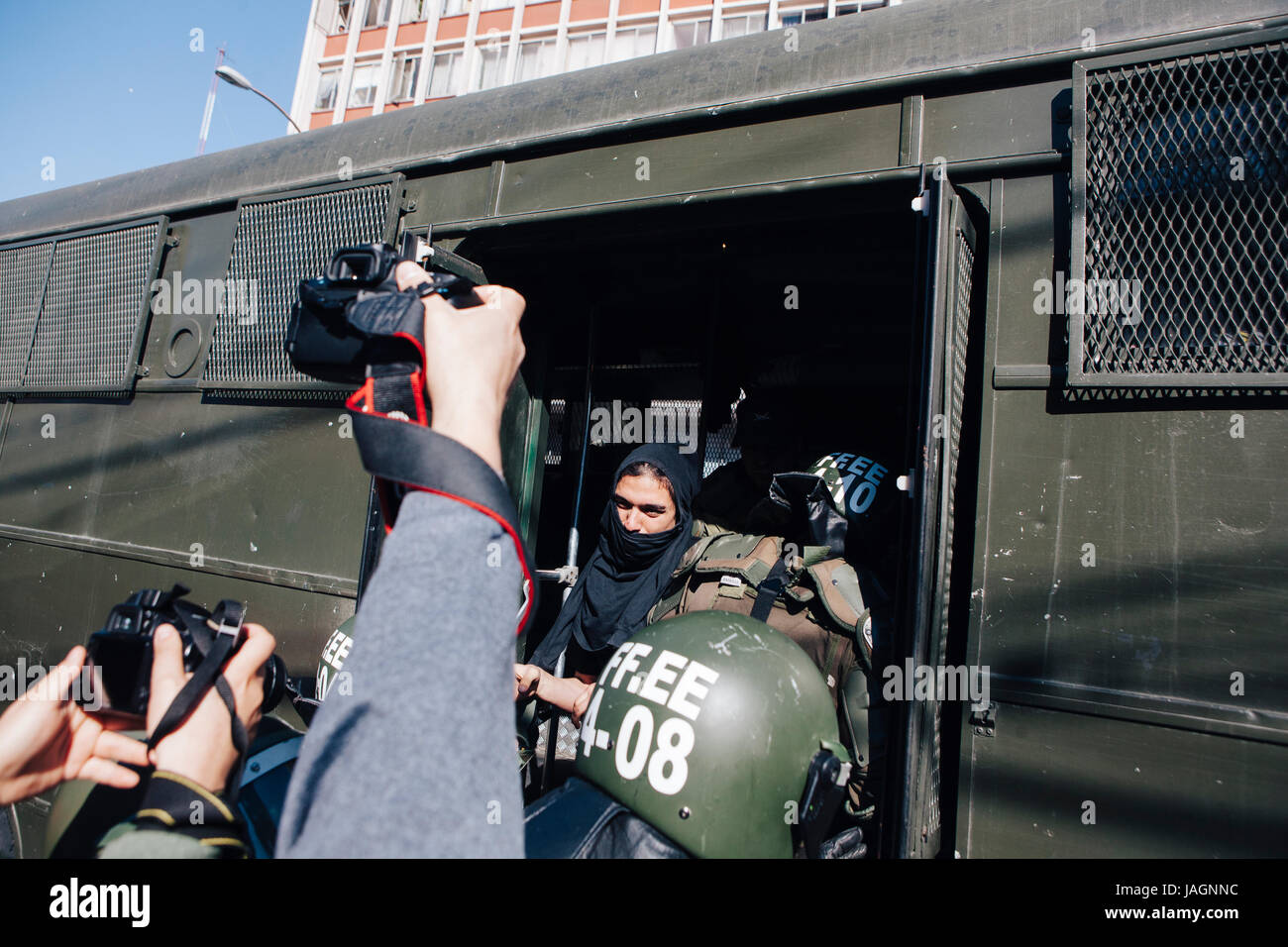 Valparaiso, Chile - June 01, 2017: Protester arrested by the chilean ...