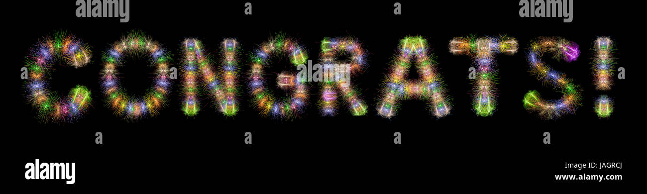 Congrats text written with Colorful Sparkling Fireworks over black sky ...