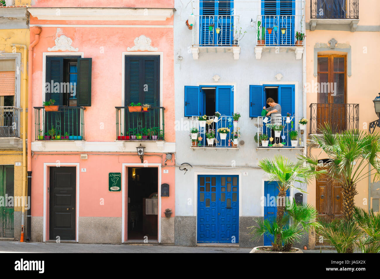 Sardinia Cagliari color, view in summer of colorful buildings in the ...