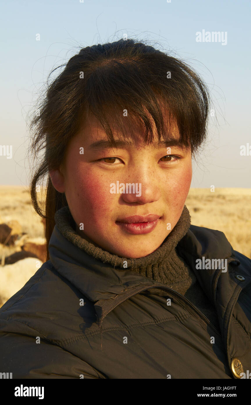 Mongolia,Khovd province,winter,young Mongolian woman,portrait Stock ...
