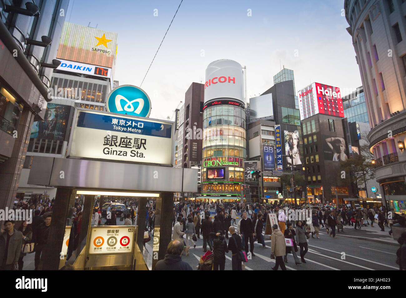 Japan,Tokyo,Ginza Chuo,street scene,pedestrian,underground station,dusk ...