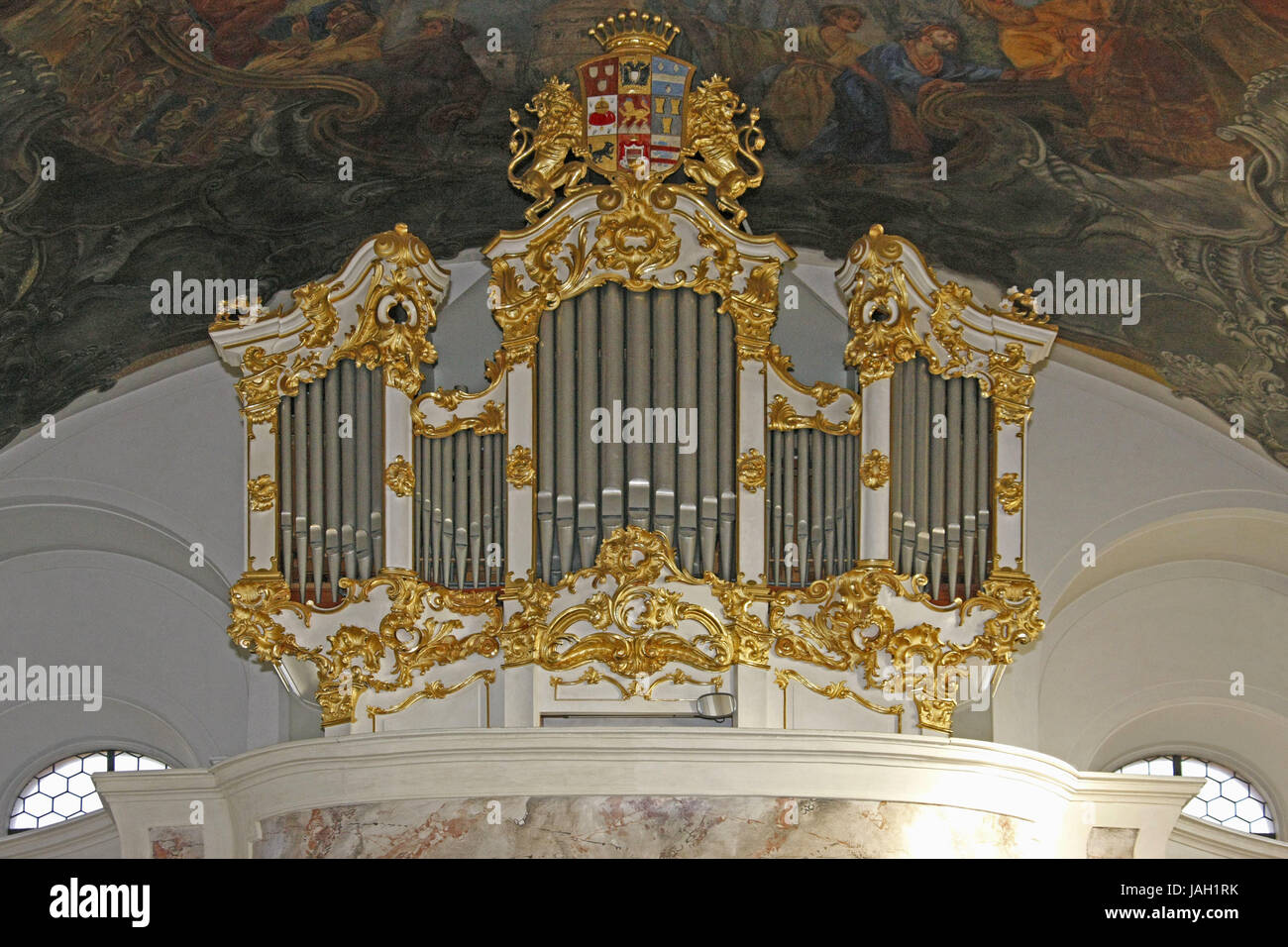 Germany,Hessen,Heusenstamm,parish church,organ pipes,church,organ ...