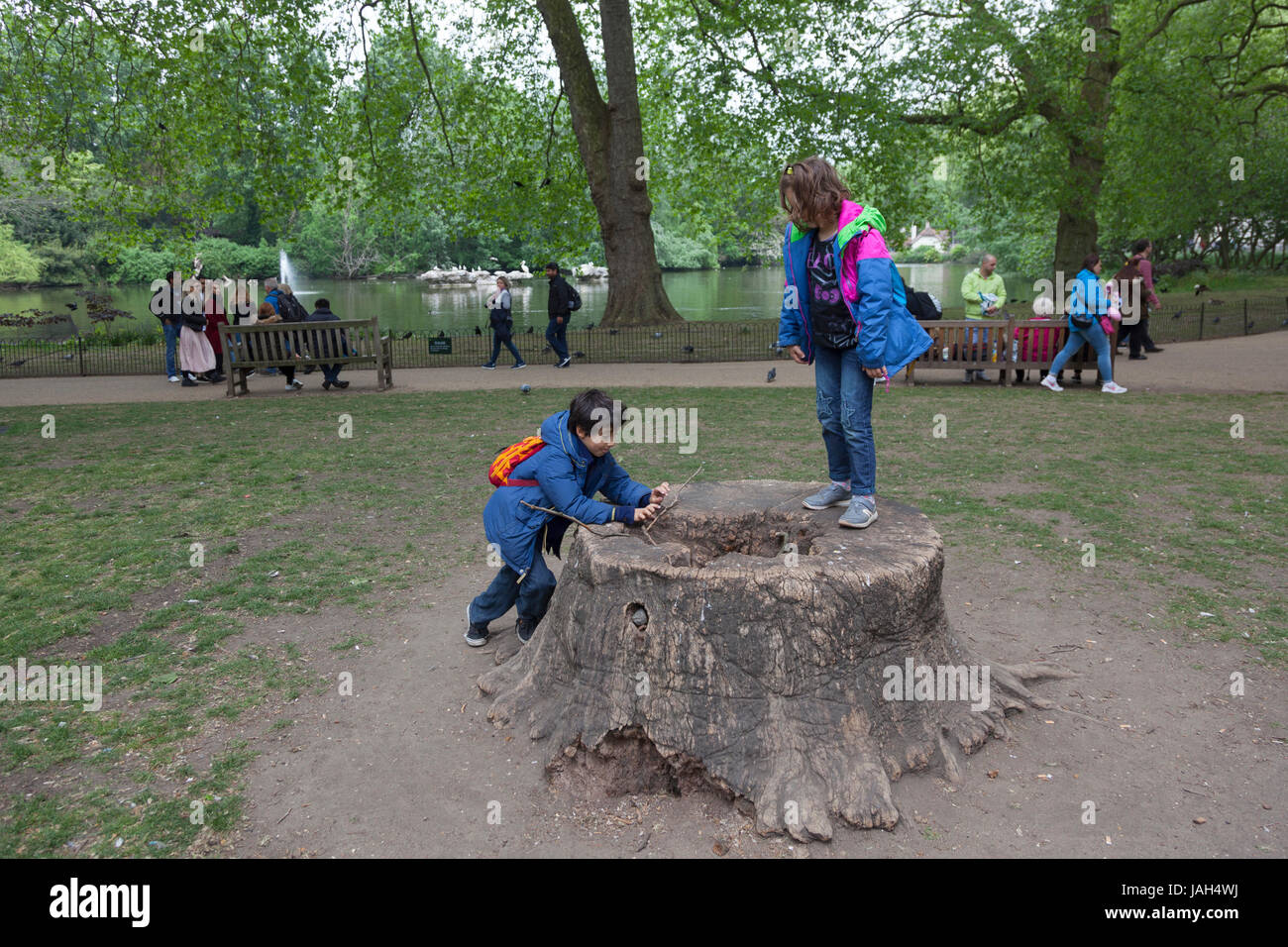 London, United Kingdom, 6 may 2017: children play on tree stump in st ...