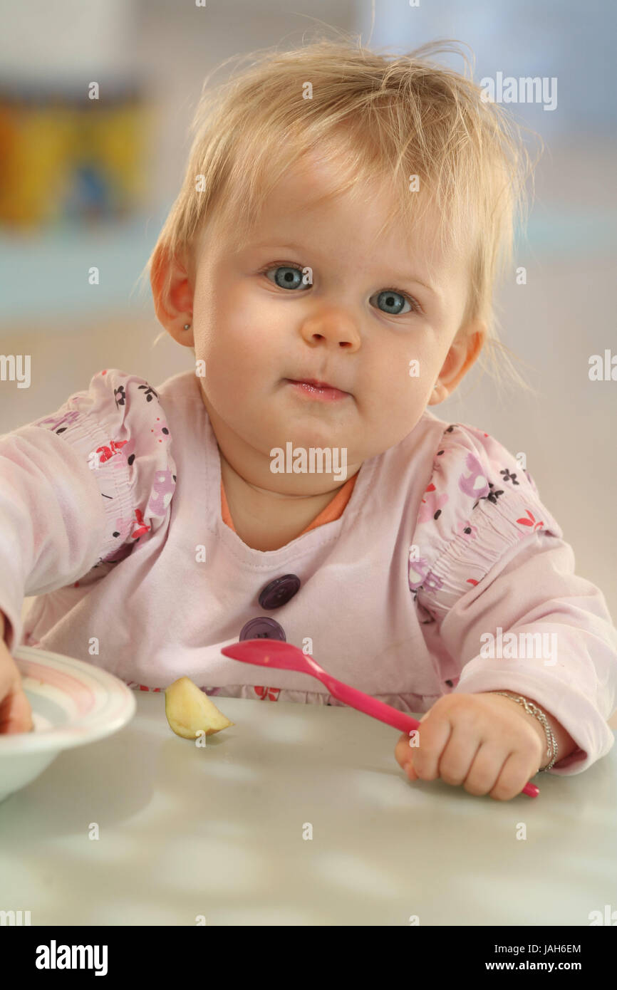 Baby,8 months,eat,spoon,dresses,blond,eat,Indoor,learn,learning process ...