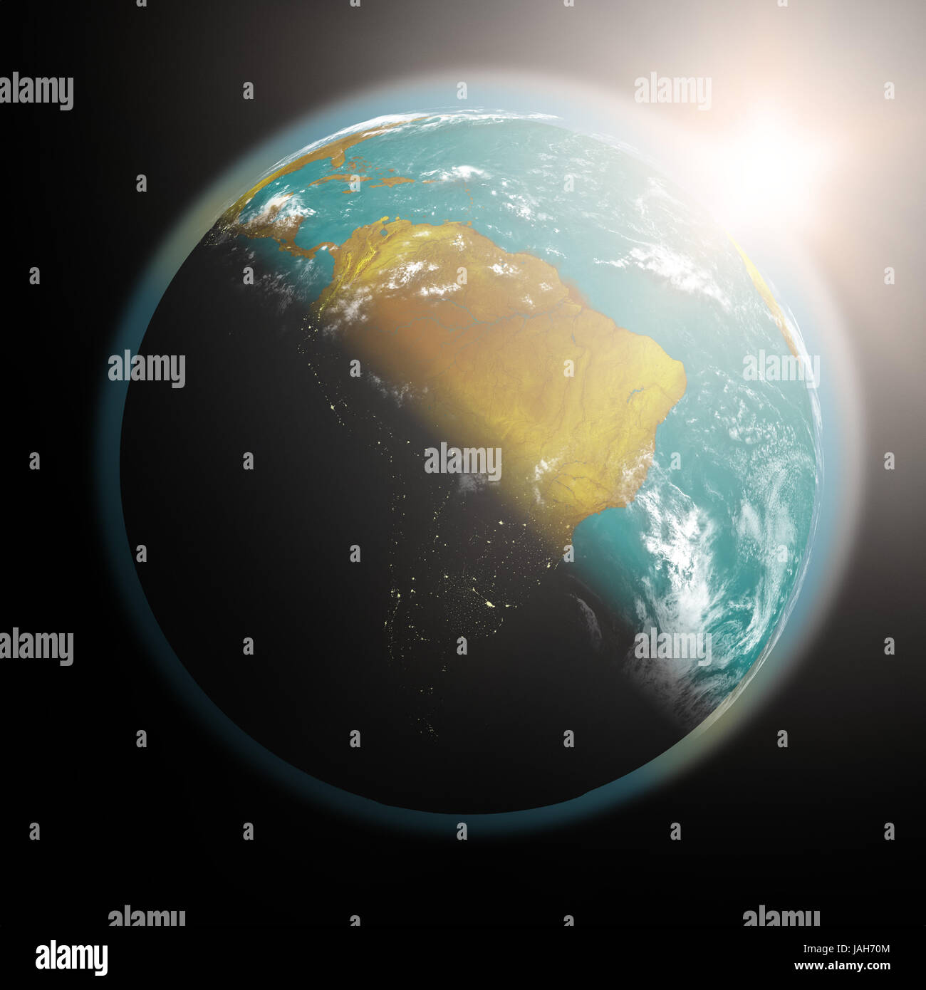 Space view of the sun rising over South America on planet Earth ...