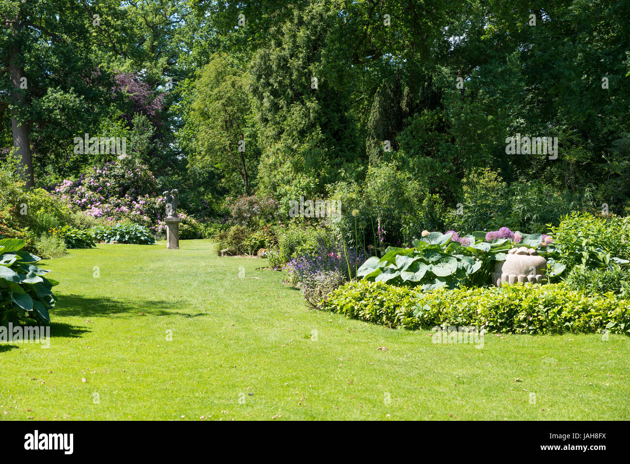 english garden with plants and flowers around green field of grass ...