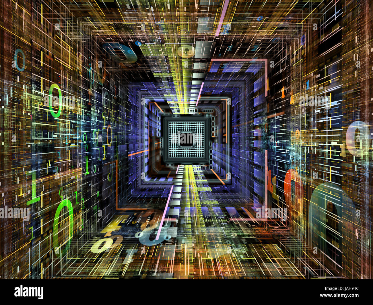 Number Tunnel series. Backdrop of CPU chip, colorful numbers and ...