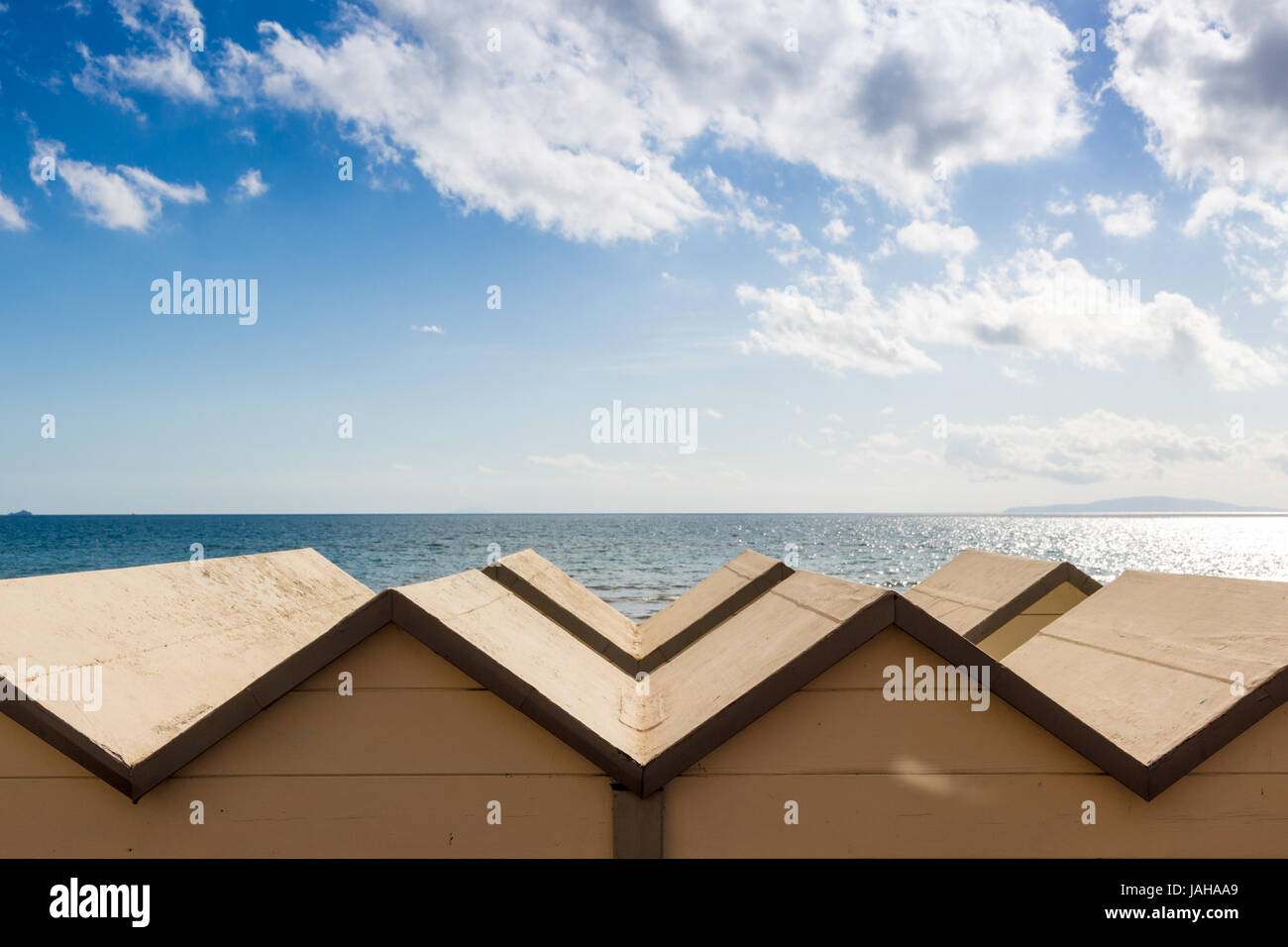 Follonica beach and bathing huts in front of Thyrrenian sea, Italy ...