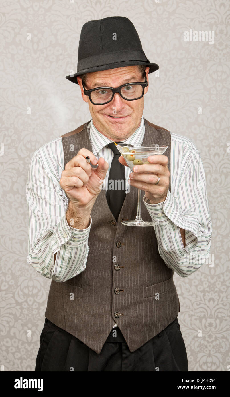 Goofy Caucasian businessman with alcohol and cigarette Stock Photo - Alamy