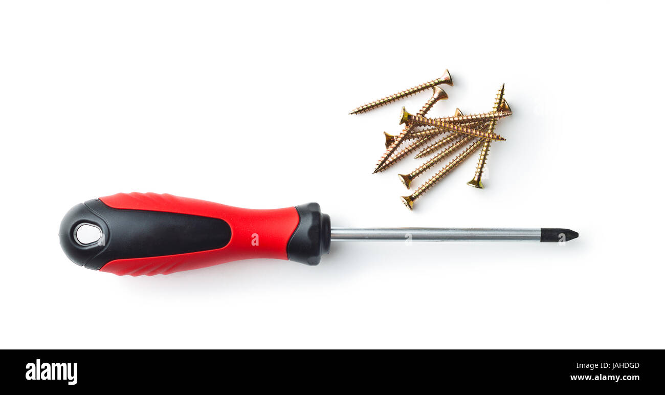 Hand screwdrivers and screws isolated on white background. Top view ...