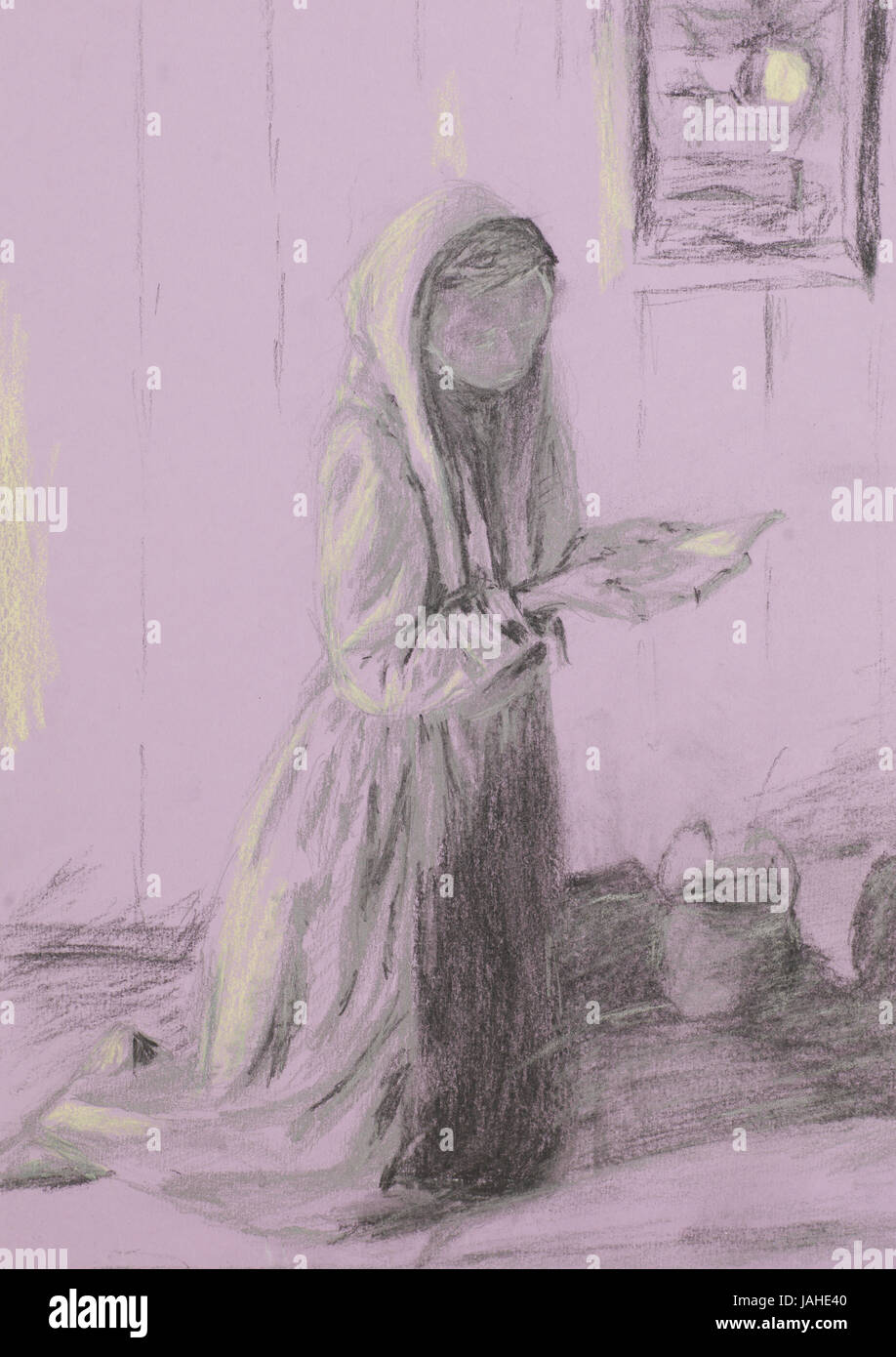 hand drawn pencil illustration of poor woman kneeling and praying, on ...