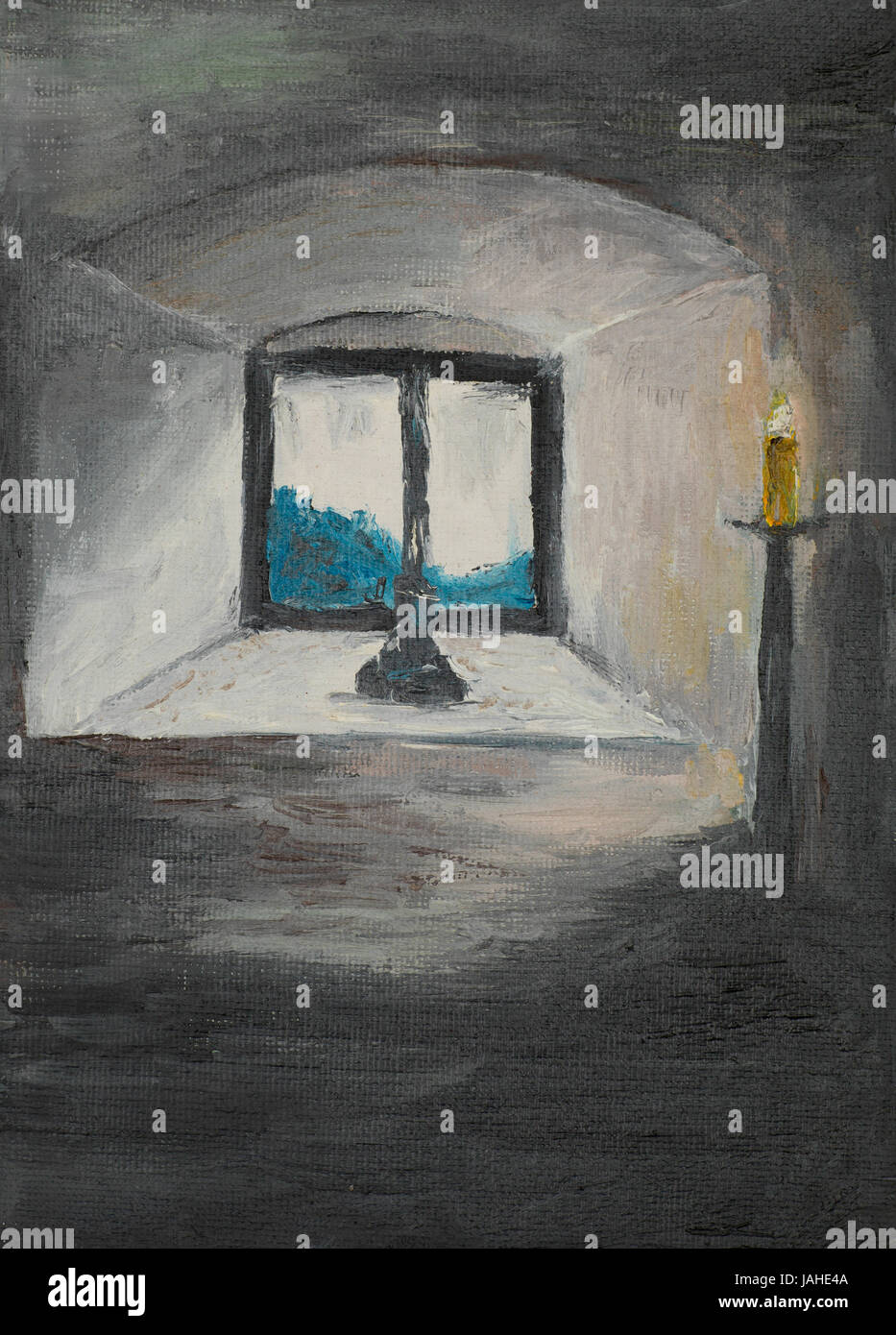 oil painting illustrating a closed window inside a castle's room with ...