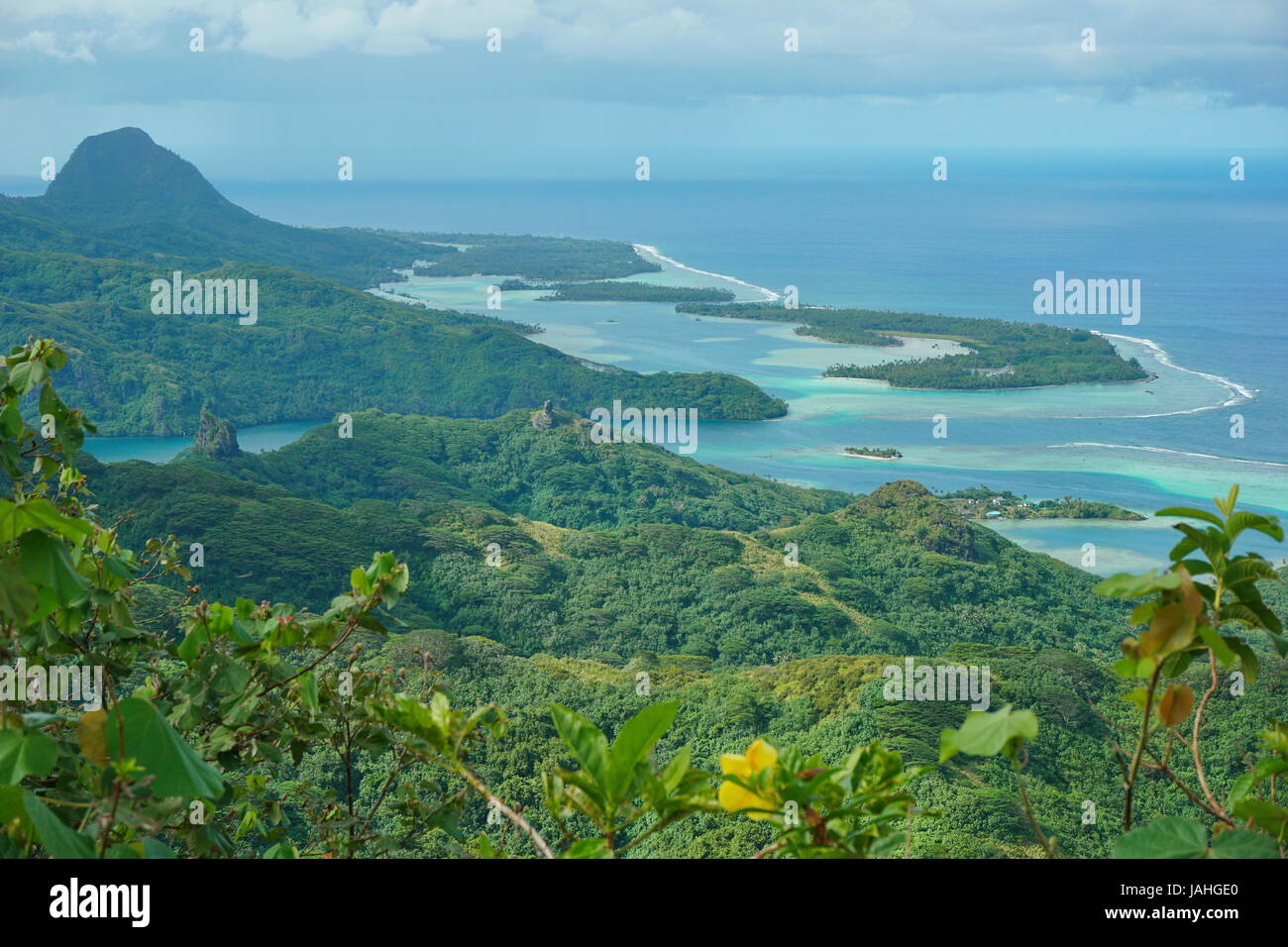 Huahine island landscape from the mountain Pohue Rahi, forest with the ...