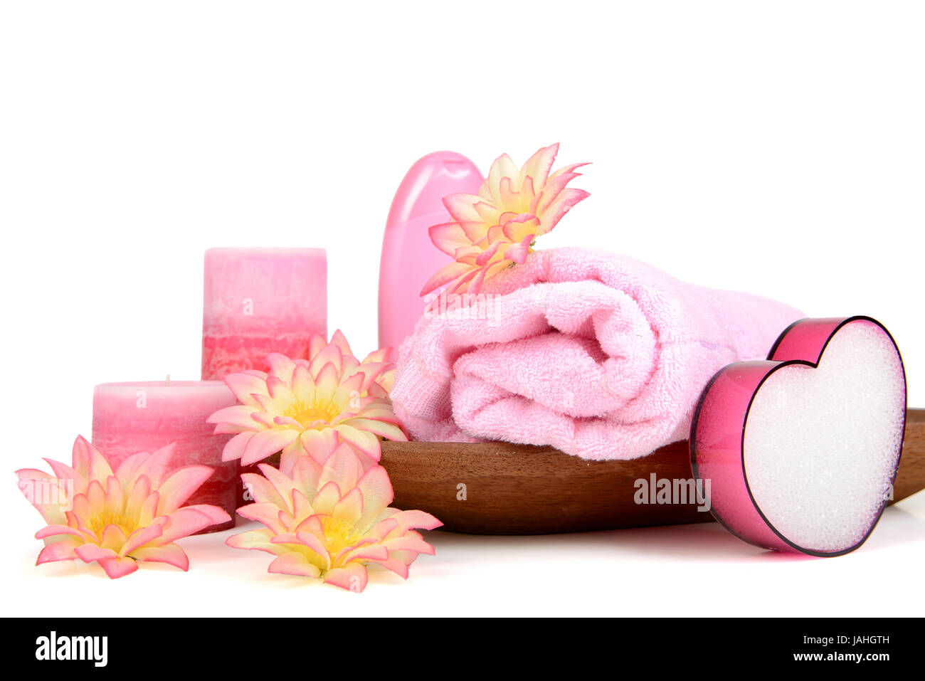 Spa setting in pink tone isolated in white Stock Photo - Alamy