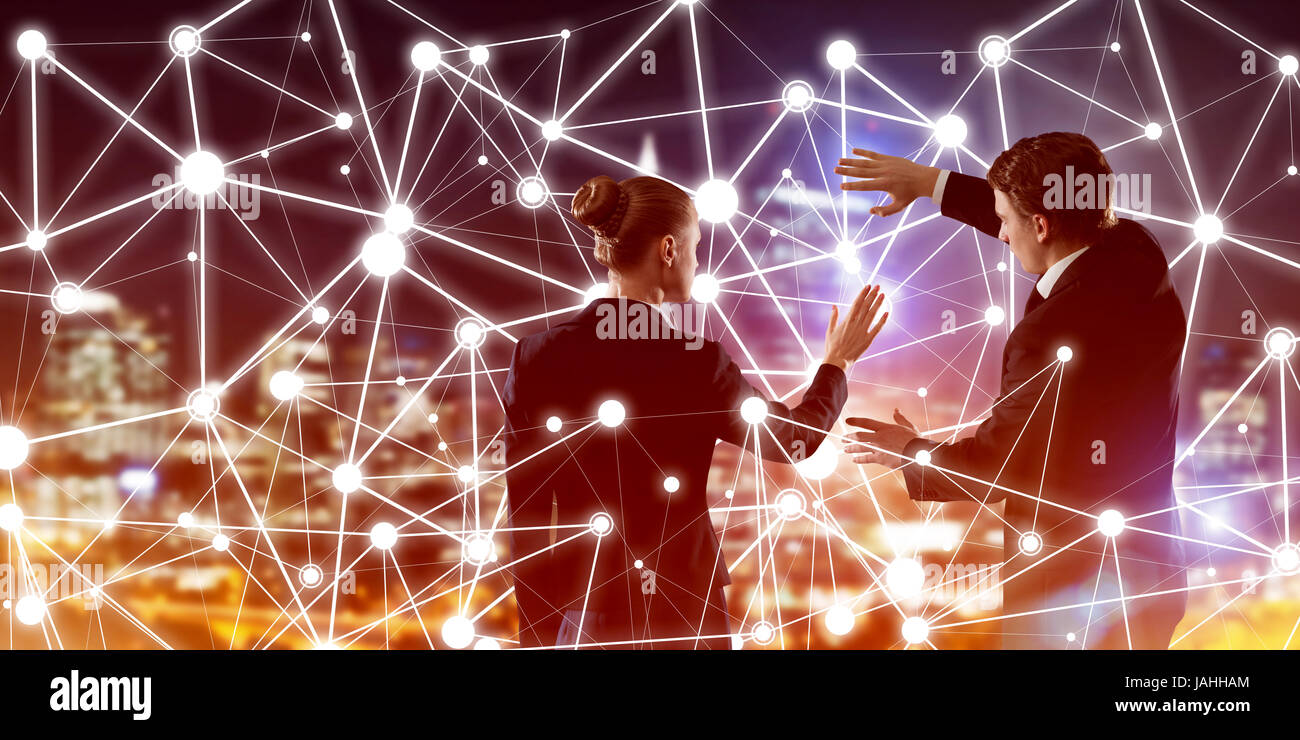 Concept of social connection and networking against night city view and ...