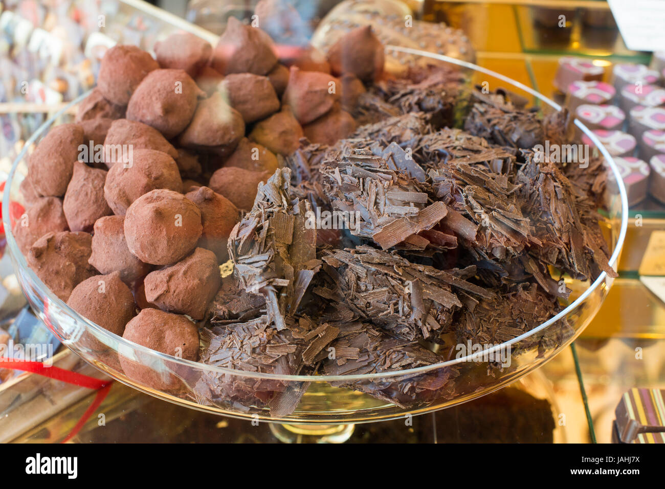 Chocolates on booth. Chocolate shop Stock Photo - Alamy