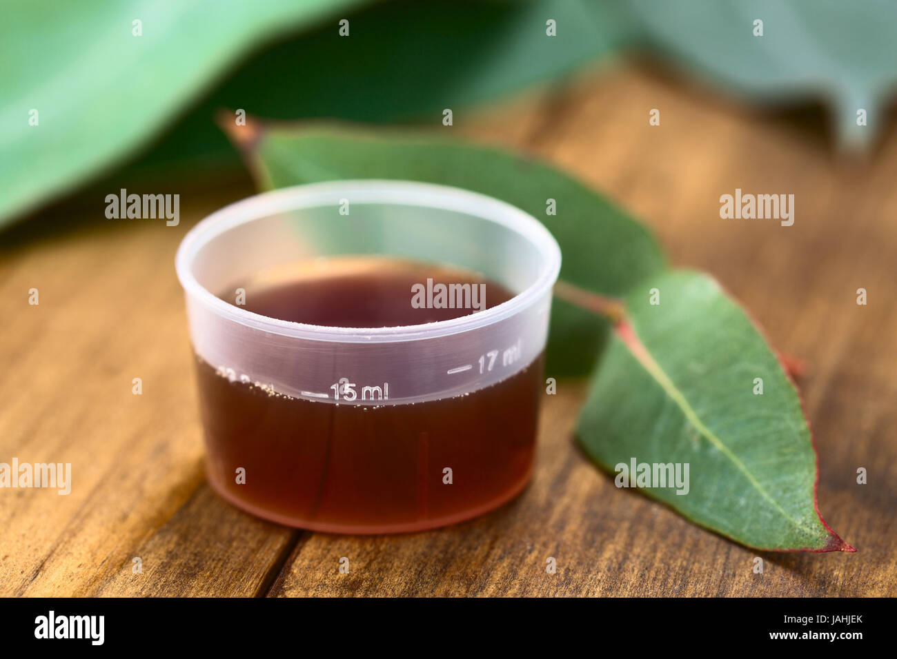 Eucalyptus cough syrup in medicine cup with fresh Eucalyptus leaves ...